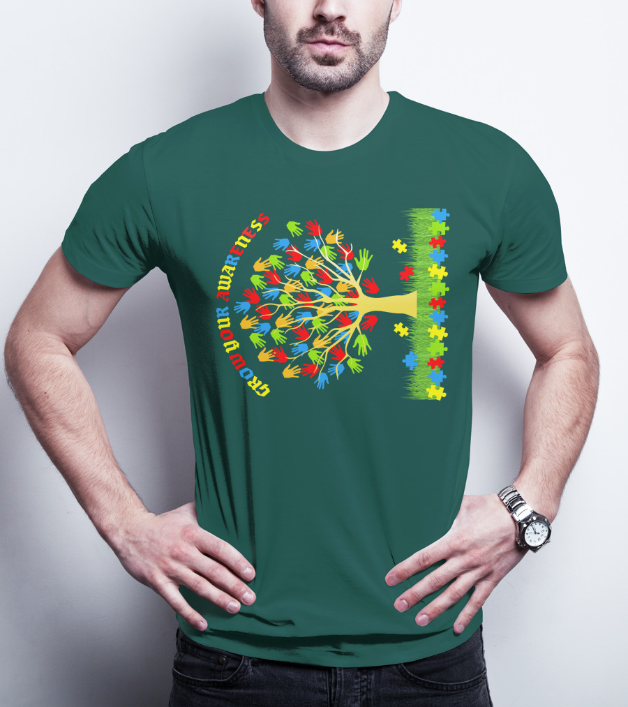 Grow Your Awareness Tree Of Colored Hands And Puzzle Pieces T-Shirt