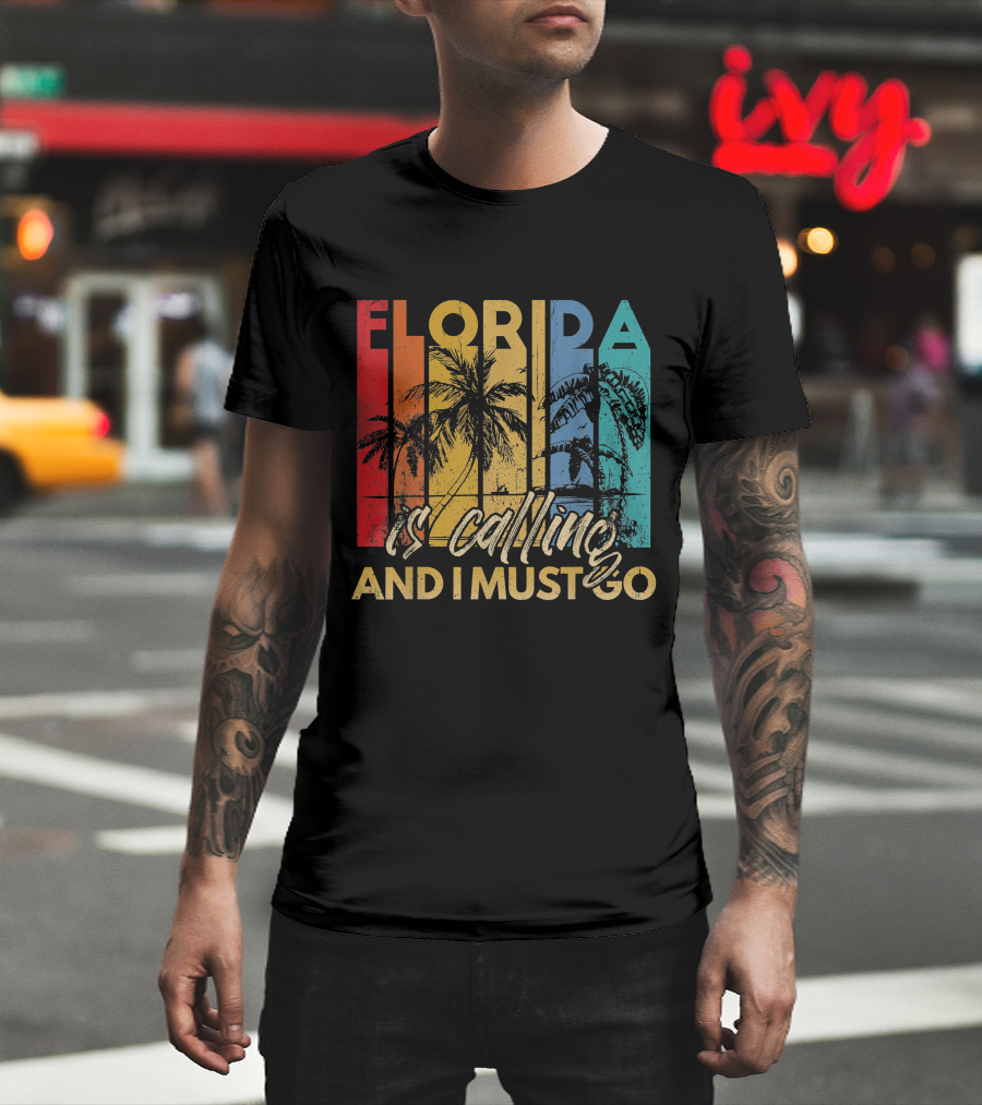 Florida Is Calling And I Must Go Beach Vacation Summer Retro Palm Trees T-Shirt