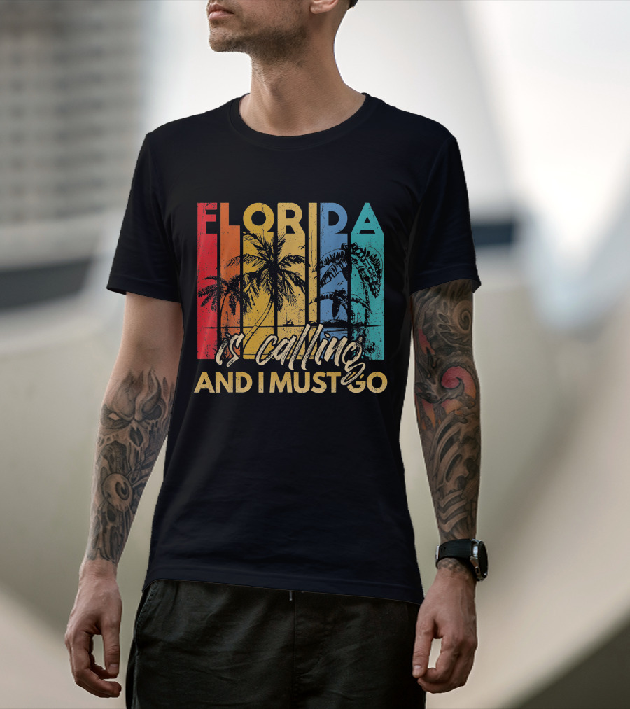 Florida Is Calling And I Must Go Beach Vacation Summer Retro Palm Trees T-Shirt