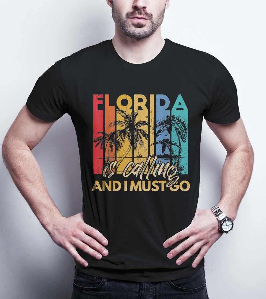 Florida Is Calling And I Must Go Beach Vacation Summer Retro Palm Trees T-Shirt