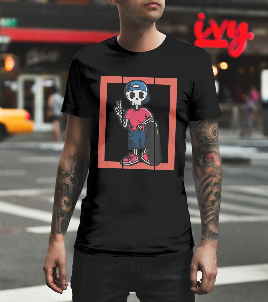 Scary Freaky Spooky Creepy Halloween Skeleton Skater Kid In Cap And Red Sneakers T-Shirt
