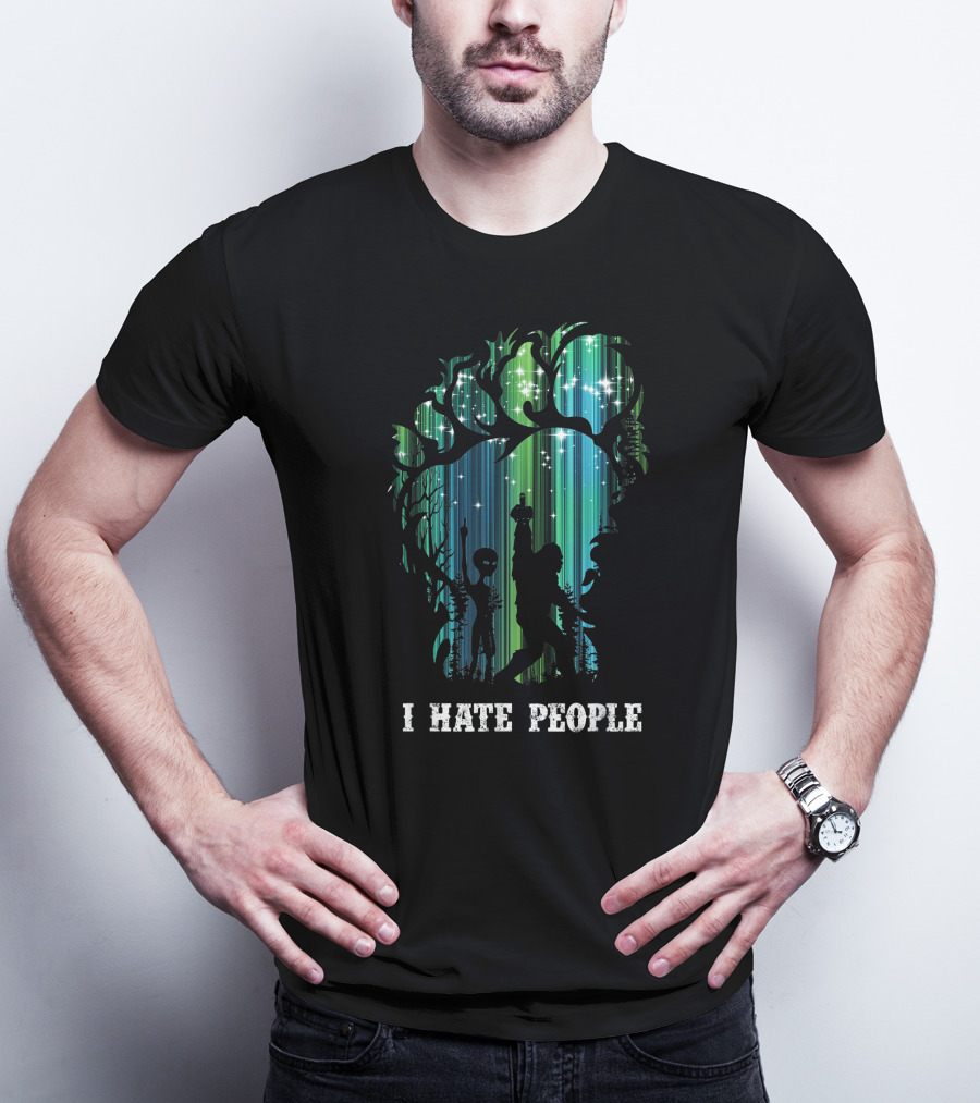 Alien Bigfoot Middle Finger I Hate People Camping Forest Scene T-Shirt