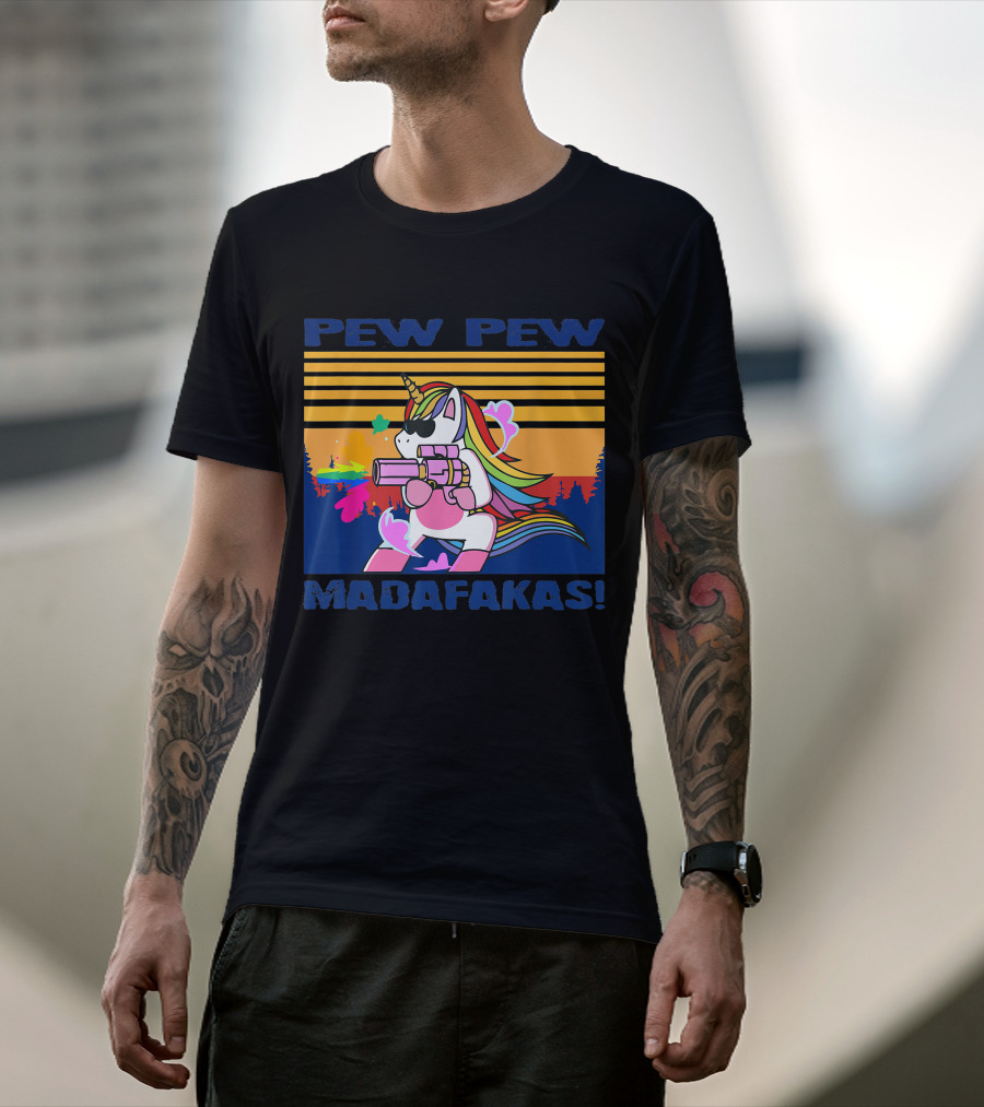 Pew Pew Madafakas Funny Unicorn With Rainbow Gun And Sunglasses T-Shirt