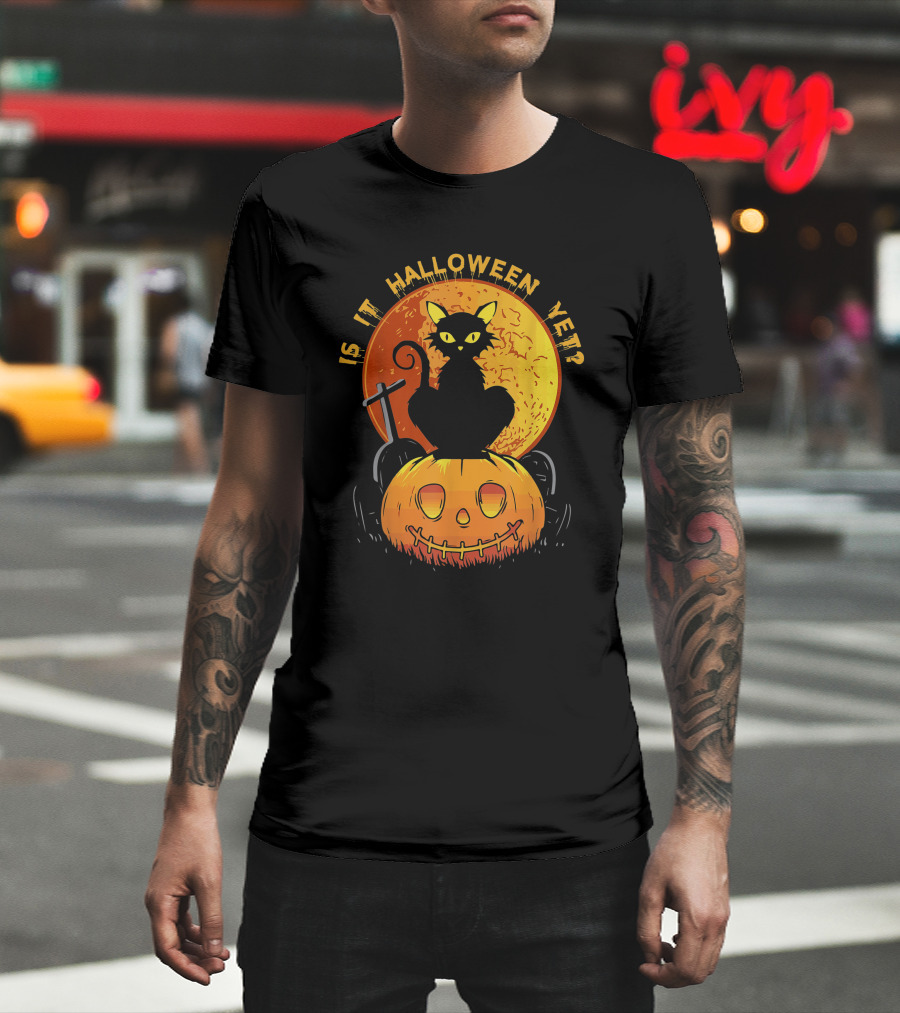 Is It Halloween Yet Funny Cat Pumpkin With Full Moon And Witch's Broom T-Shirt