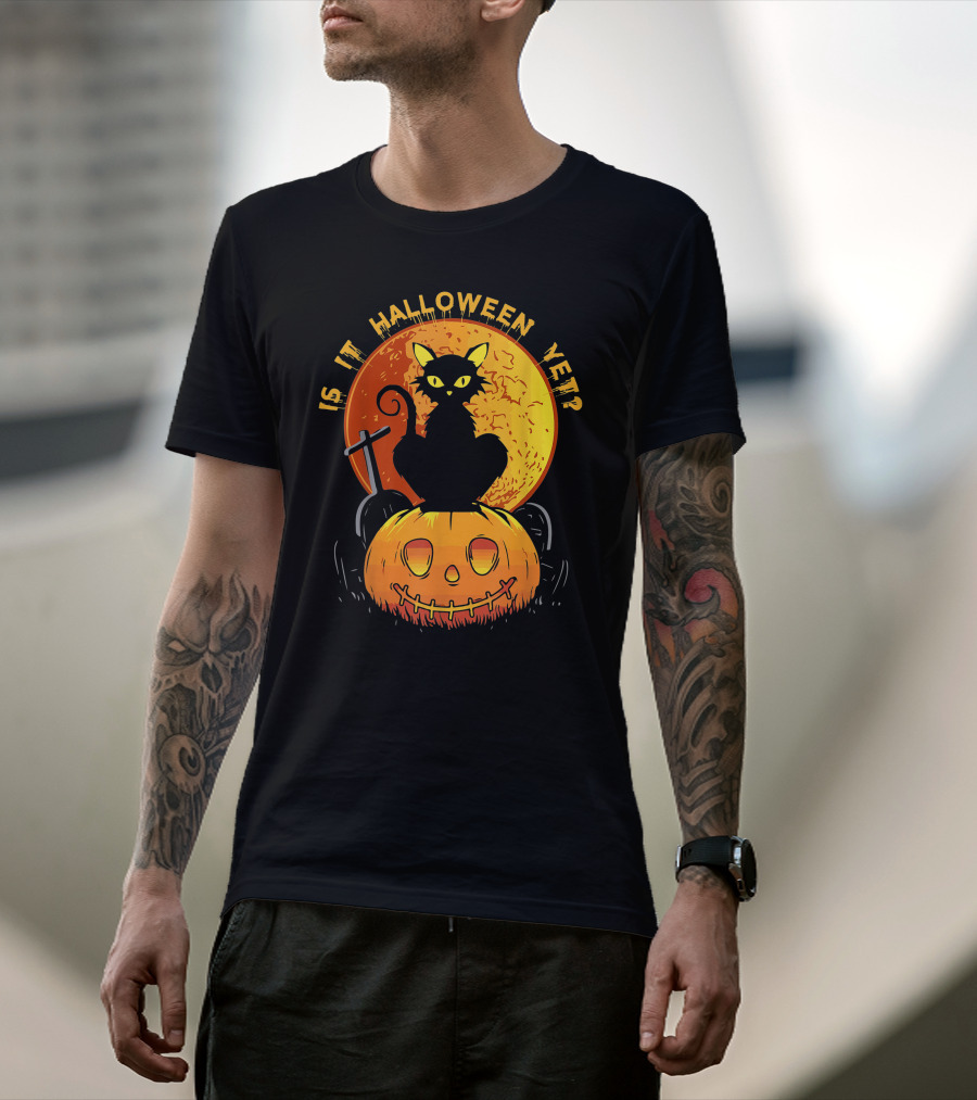Is It Halloween Yet Funny Cat Pumpkin With Full Moon And Witch's Broom T-Shirt