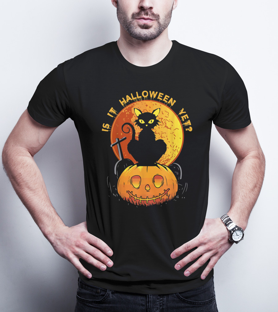 Is It Halloween Yet Funny Cat Pumpkin With Full Moon And Witch's Broom T-Shirt
