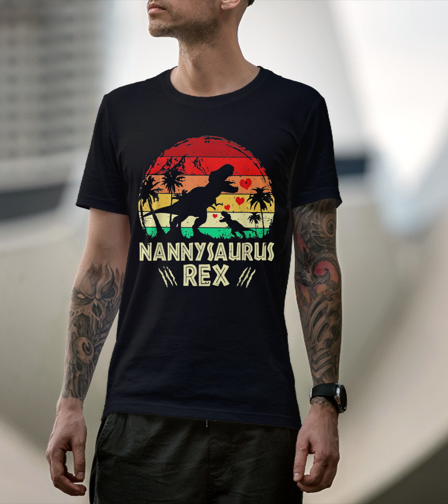 Nannysaurus Rex Dinosaur Sunset Hearts T-Shirt