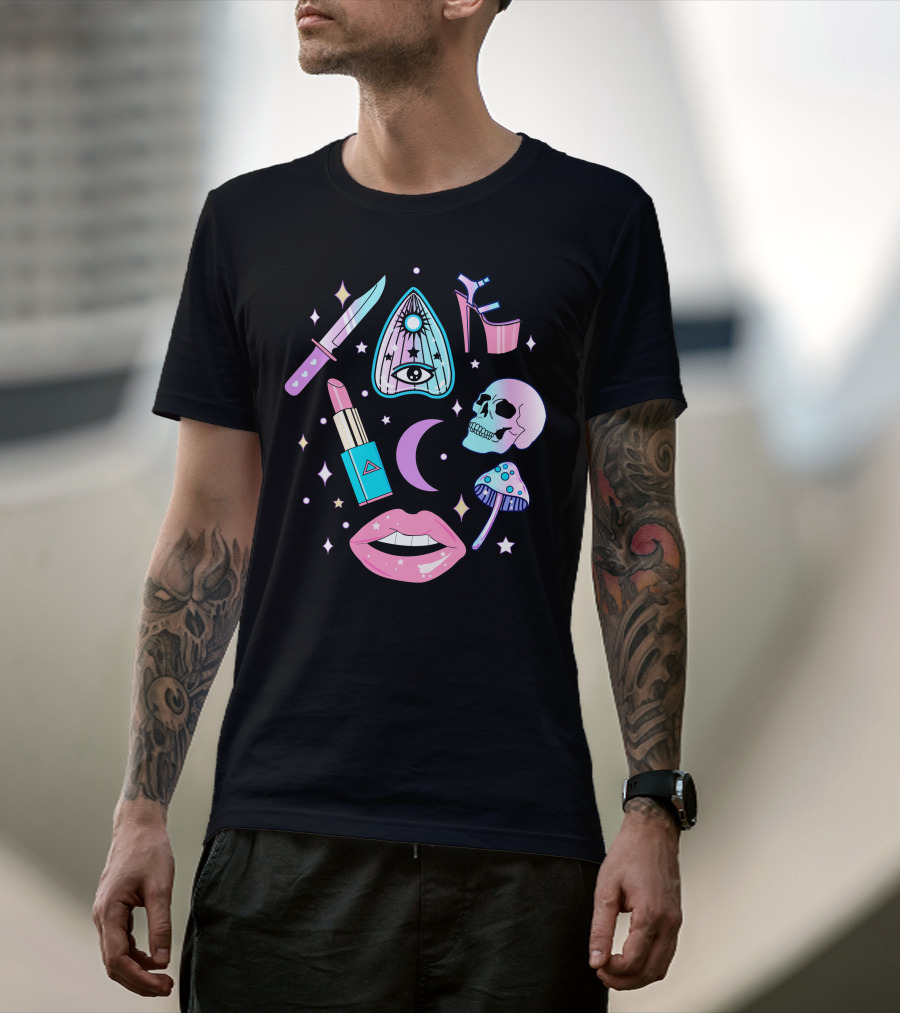 Pastel Goth Kawaii Witch Creepy Knife Skull Lipstick Moon Stars Mushroom Heels Ouija T-Shirt