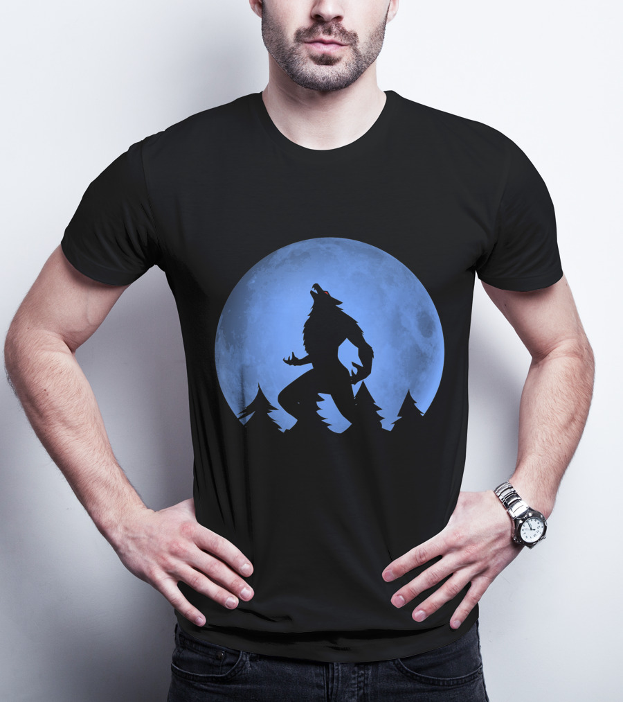 Werewolf Silhouette Howling At Full Blue Moon With Forest Background T-Shirt