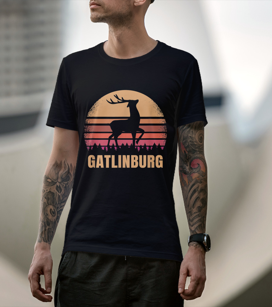 Gatlinburg Tennessee Vintage Deer Silhouette With Distressed Sunset Background T-Shirt