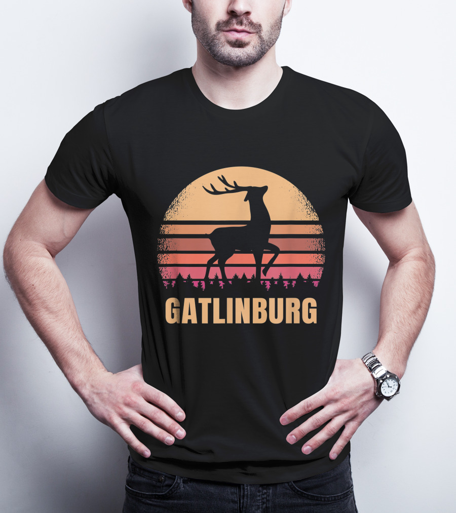 Gatlinburg Tennessee Vintage Deer Silhouette With Distressed Sunset Background T-Shirt