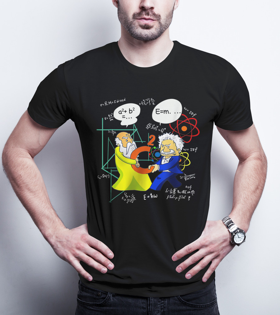 Pythagoras Einstein Battle Funny Science Equations Showdown T-Shirt