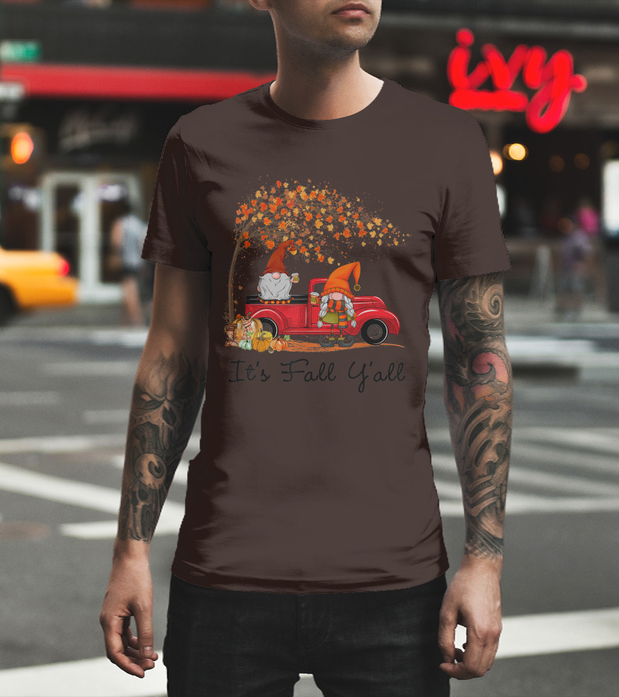 It's Fall Y'all Cute Gnomes Pumpkin Autumn Tree Fall Leaves Red Truck T-Shirt