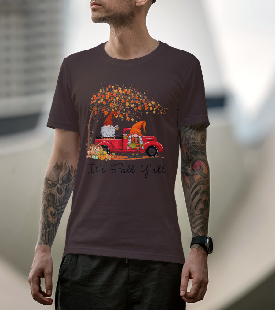 It's Fall Y'all Cute Gnomes Pumpkin Autumn Tree Fall Leaves Red Truck T-Shirt