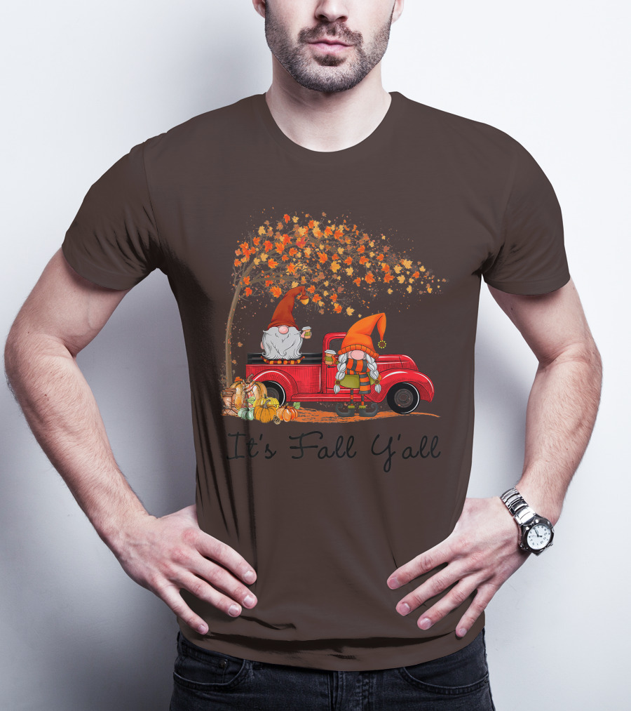 It's Fall Y'all Cute Gnomes Pumpkin Autumn Tree Fall Leaves Red Truck T-Shirt