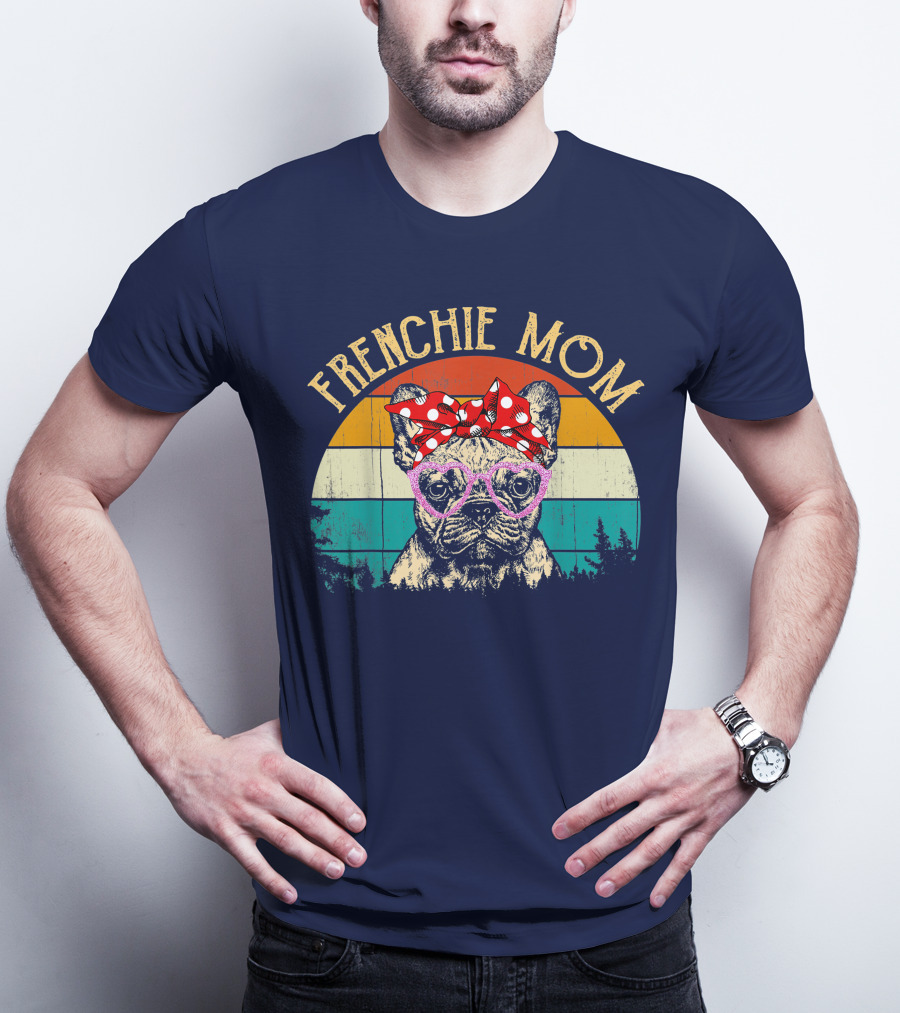 Frenchie Mom Retro Sunset Heart Glasses Bow T-Shirt