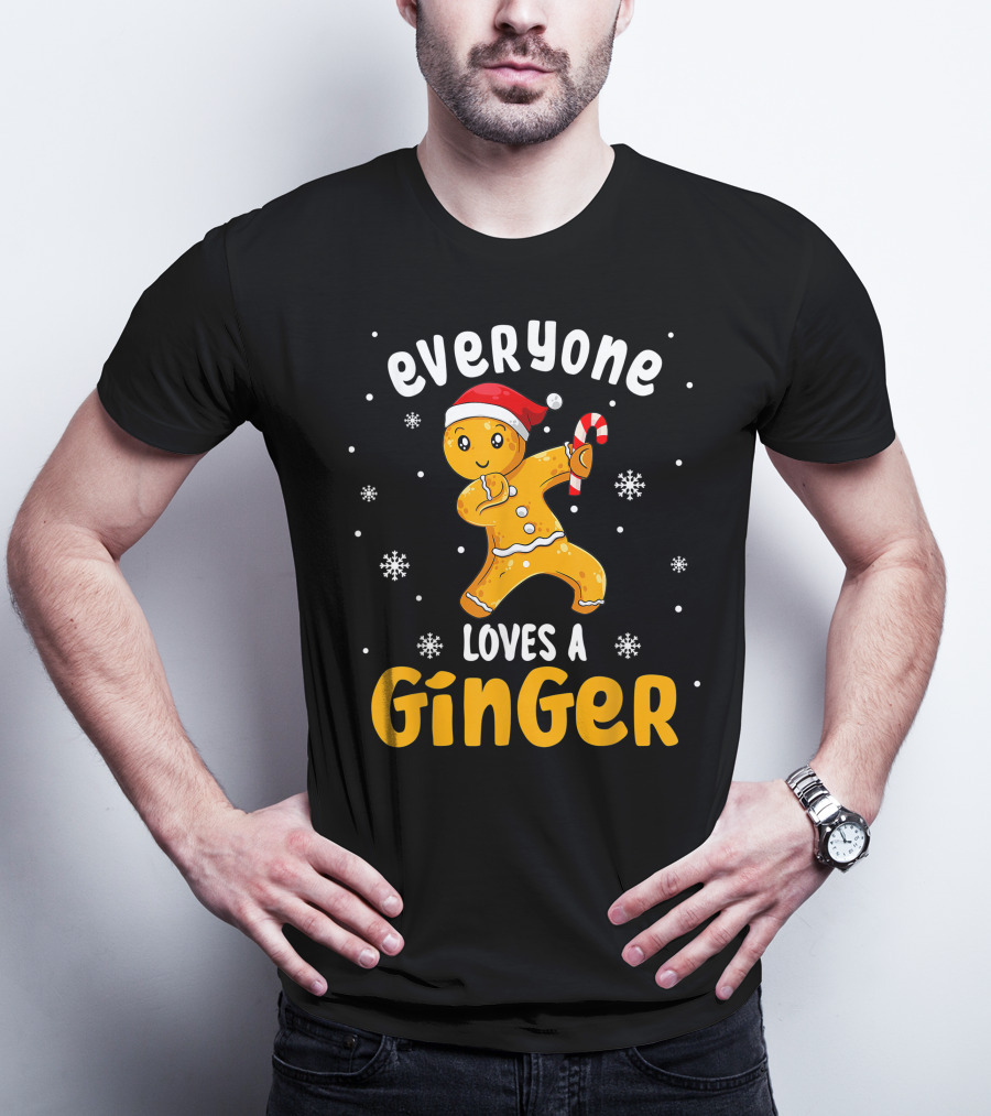 Everyone Loves A Ginger Christmas Gingerbread Man With Santa Hat And Candy Cane T-Shirt