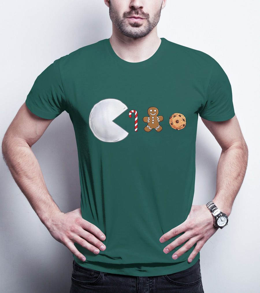 Christmas Snowball Candy Cane Gingerbread Cookie Pac-Man T-Shirt