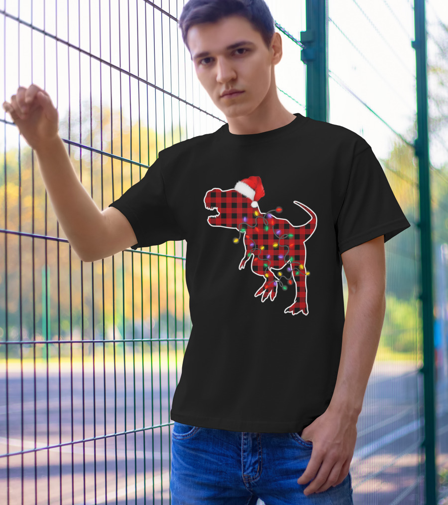 Red Plaid T-Rex Dinosaur With Santa Hat And Christmas Lights T-Shirt