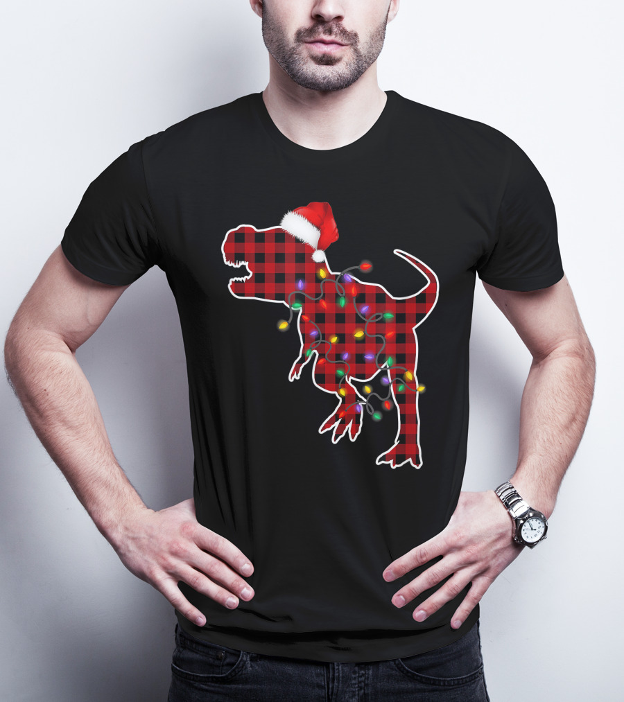 Red Plaid T-Rex Dinosaur With Santa Hat And Christmas Lights T-Shirt