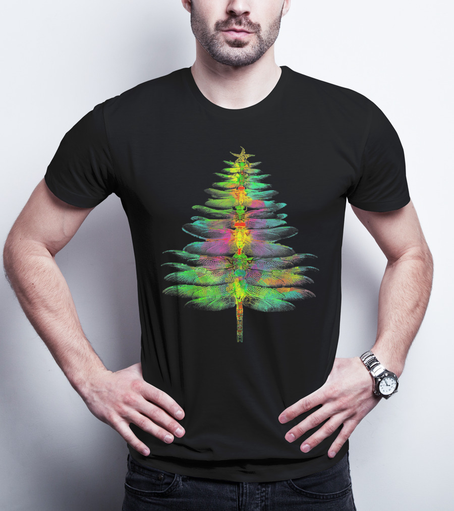 Funny Dragonfly Christmas Tree Multicolored Wings T-Shirt