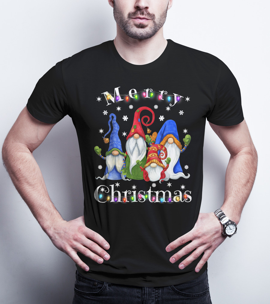 Merry Christmas Garden Gnome Festive Lights T-Shirt