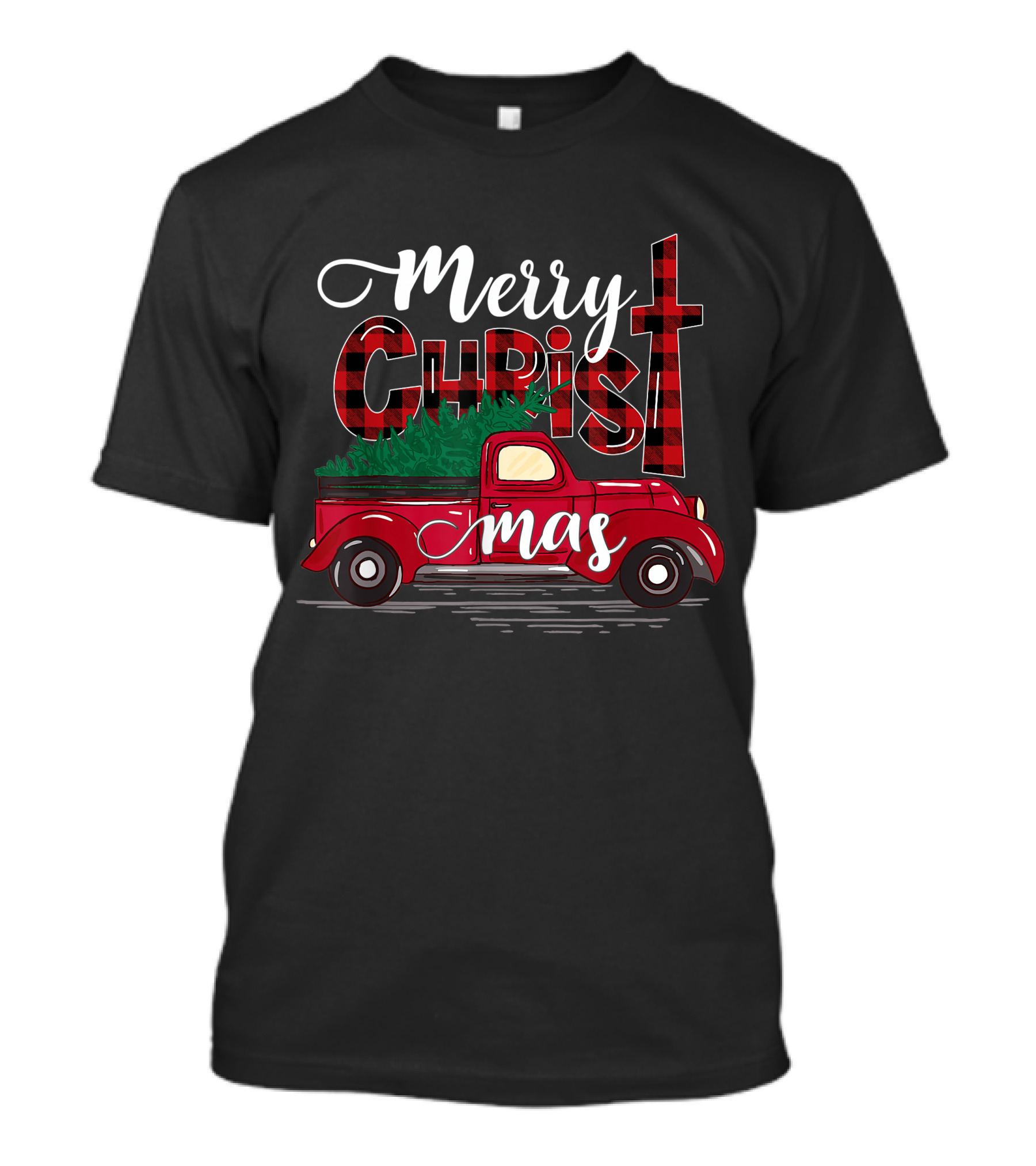 Merry Christmas Buffalo Plaid Christian Cross With Red Truck T-Shirt