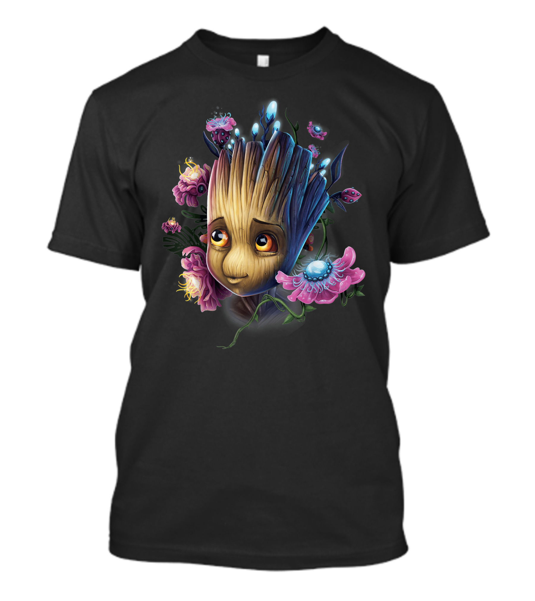 Marvel Guardians Of The Galaxy Groot Surrounded By Vibrant Flowers And Glowing Bugs T-Shirt