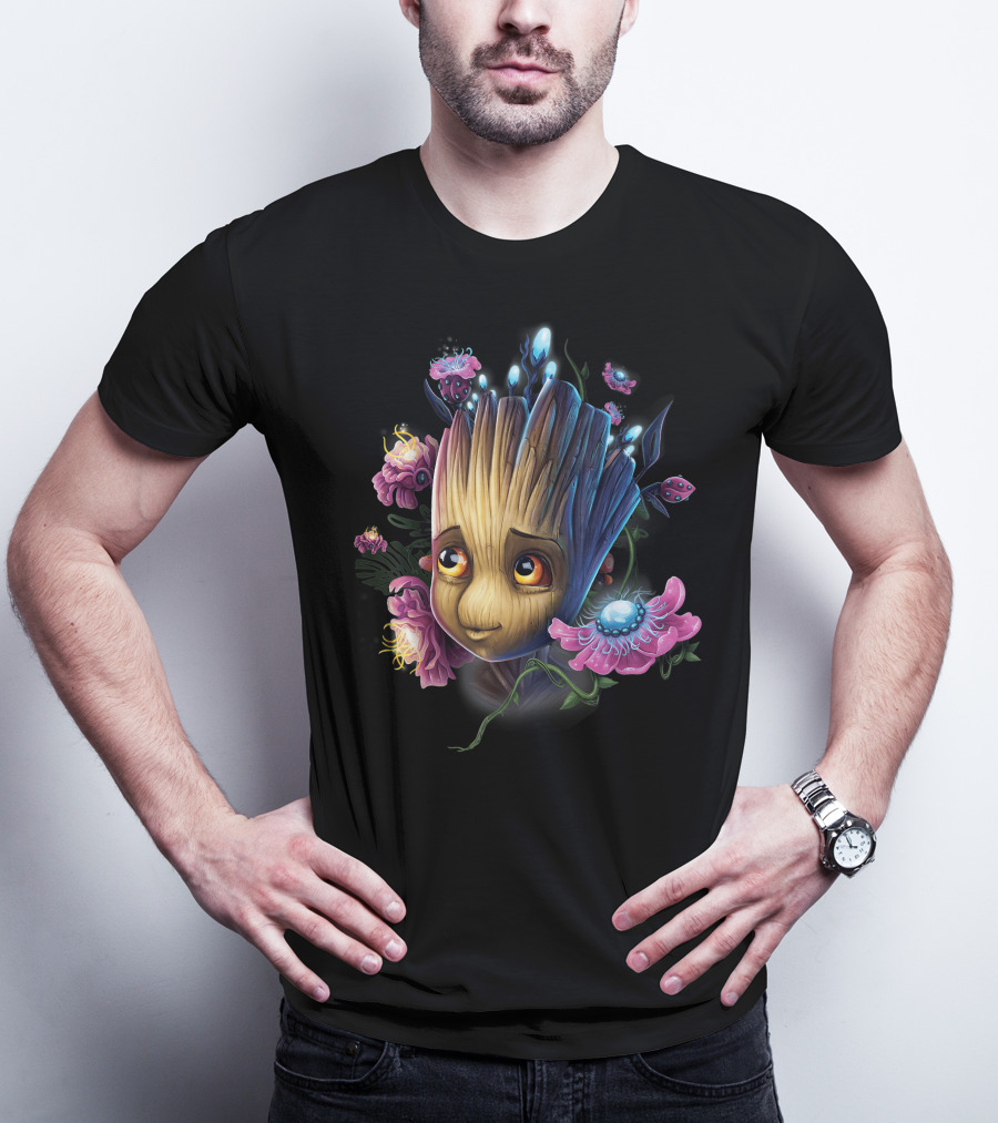 Marvel Guardians Of The Galaxy Groot Surrounded By Vibrant Flowers And Glowing Bugs T-Shirt