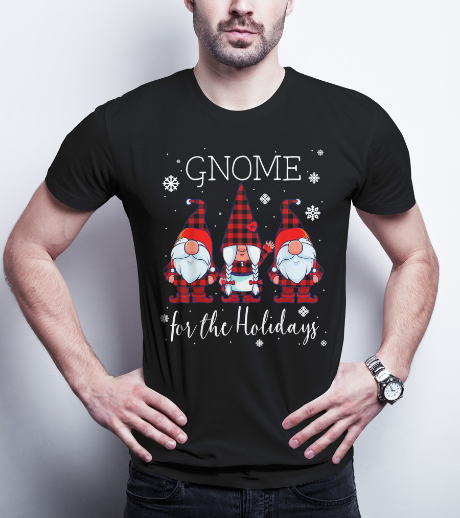 Gnome For The Holidays Buffalo Plaid 3 Gnomes Christmas Snowflakes T-Shirt