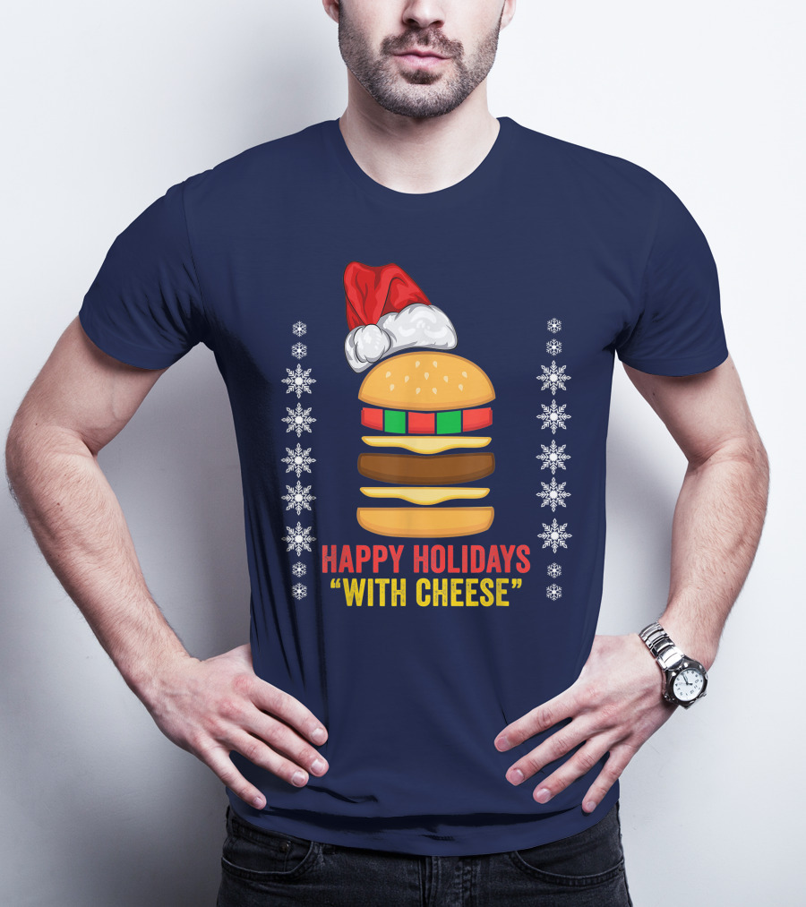 Happy Holidays With Cheese Christmas Cheeseburger Santa Hat Snowflakes T-Shirt