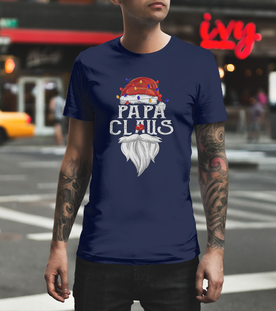 Papa Claus Santa Hat Beard Christmas Lights T-Shirt