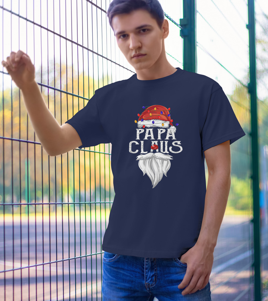 Papa Claus Santa Hat Beard Christmas Lights T-Shirt