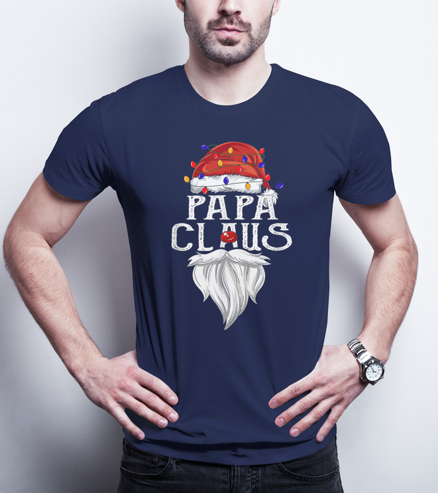 Papa Claus Santa Hat Beard Christmas Lights T-Shirt