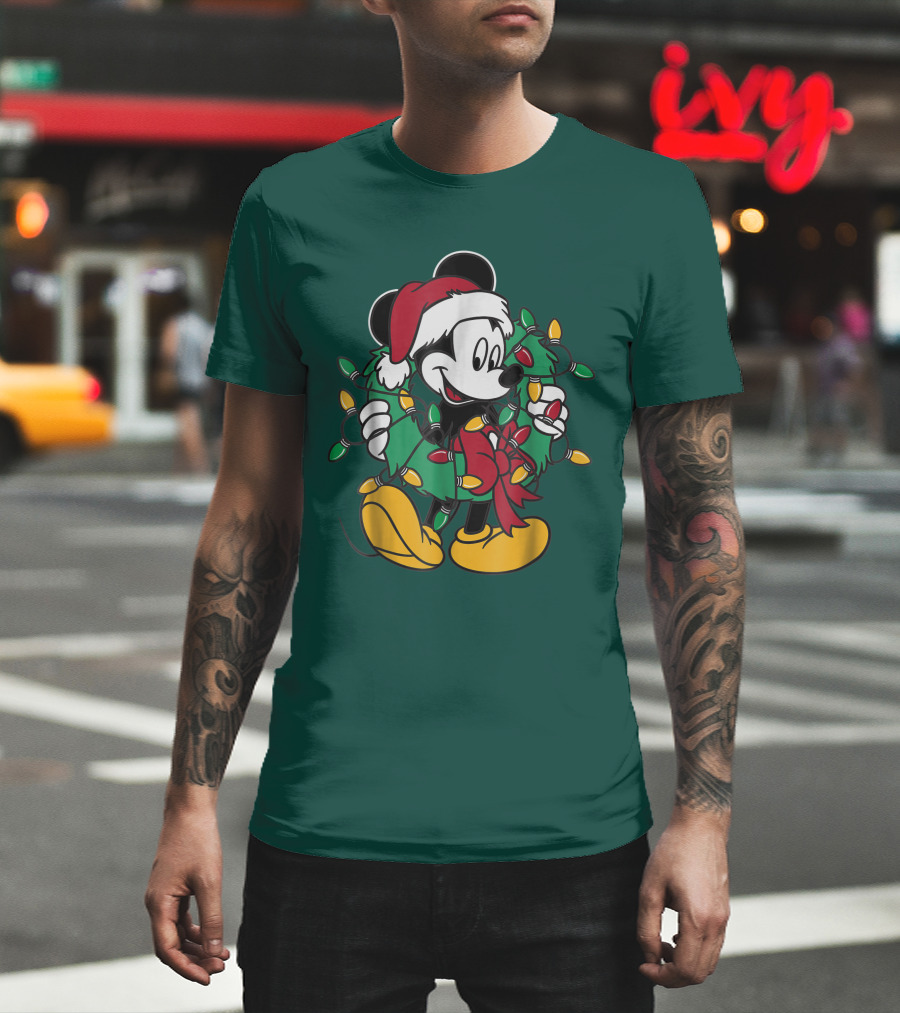 Disney Mickey Mouse Santa Hat Christmas Lights Wreath T-Shirt