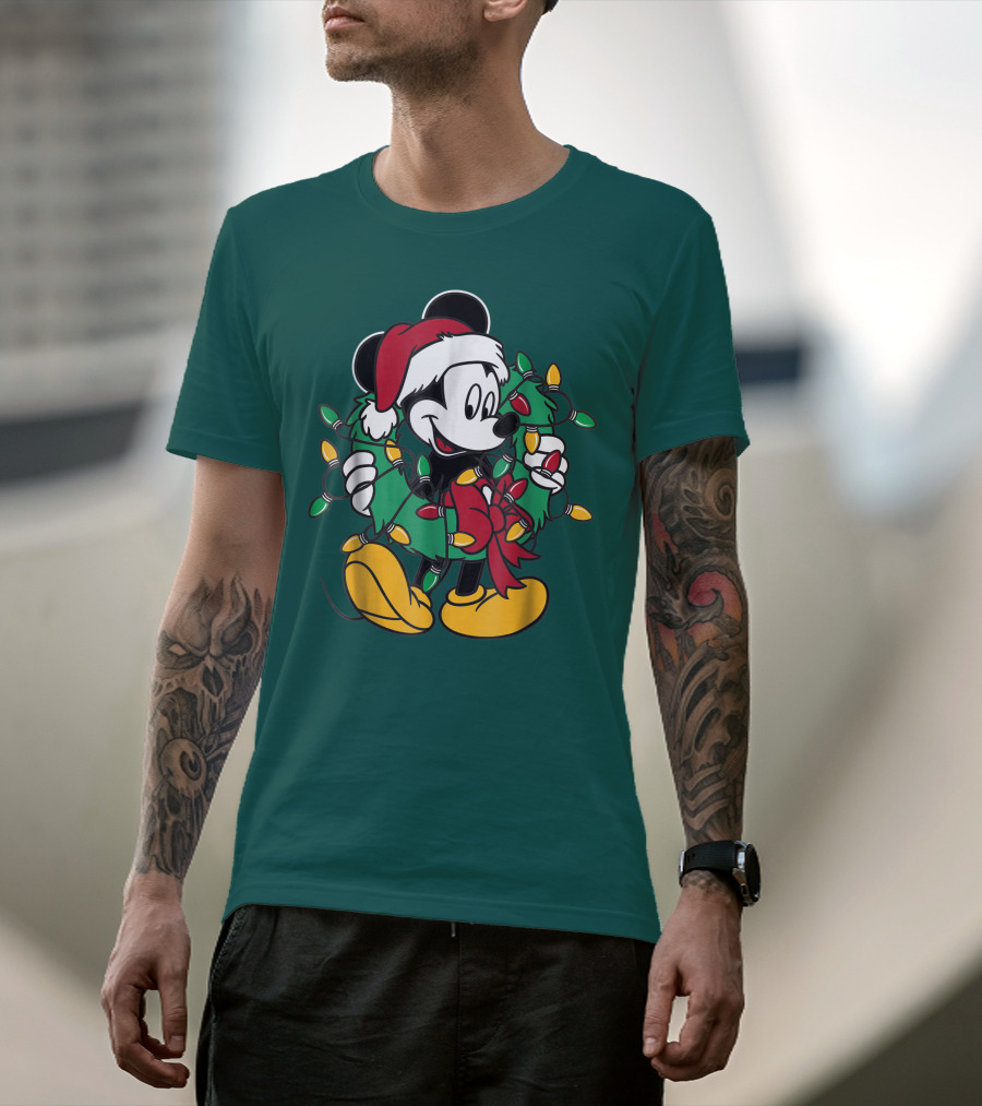 Disney Mickey Mouse Santa Hat Christmas Lights Wreath T-Shirt