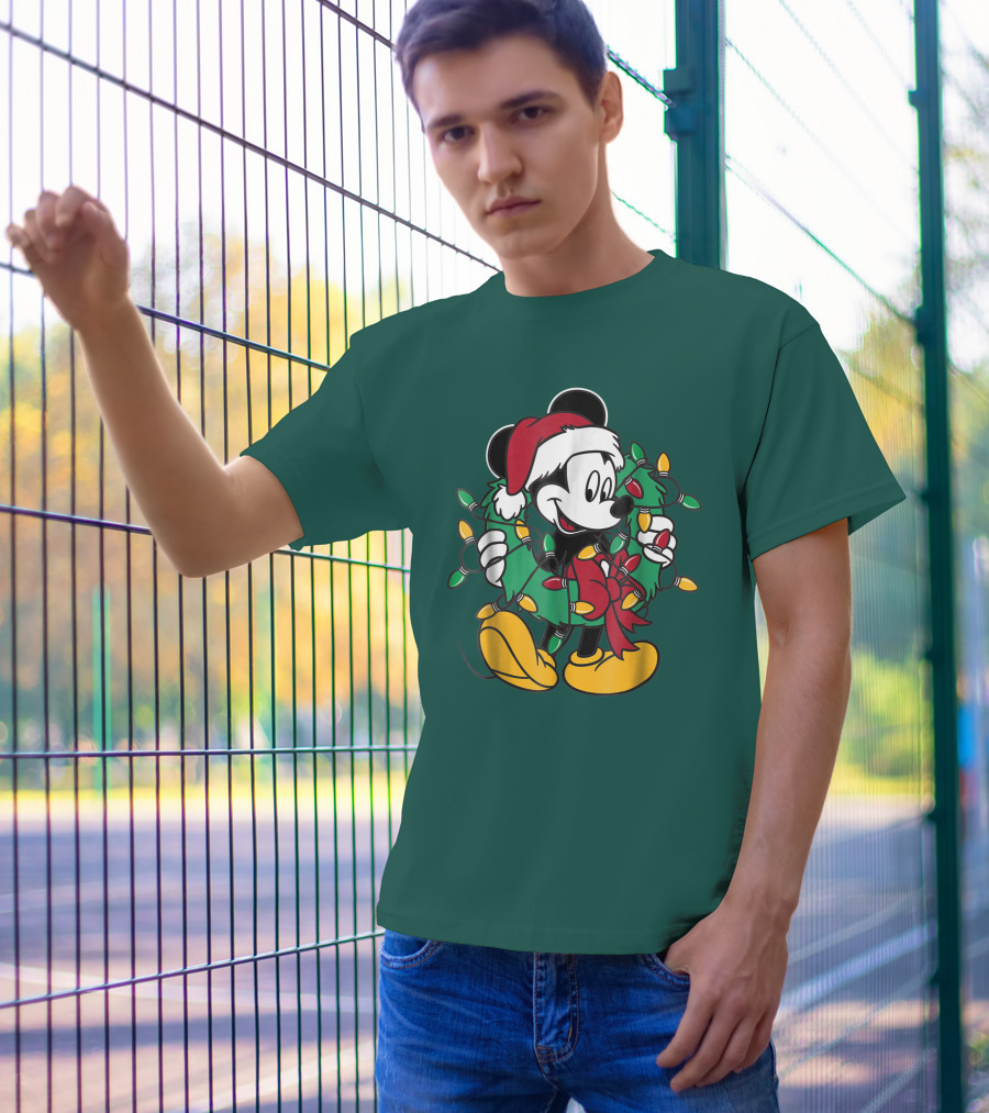 Disney Mickey Mouse Santa Hat Christmas Lights Wreath T-Shirt