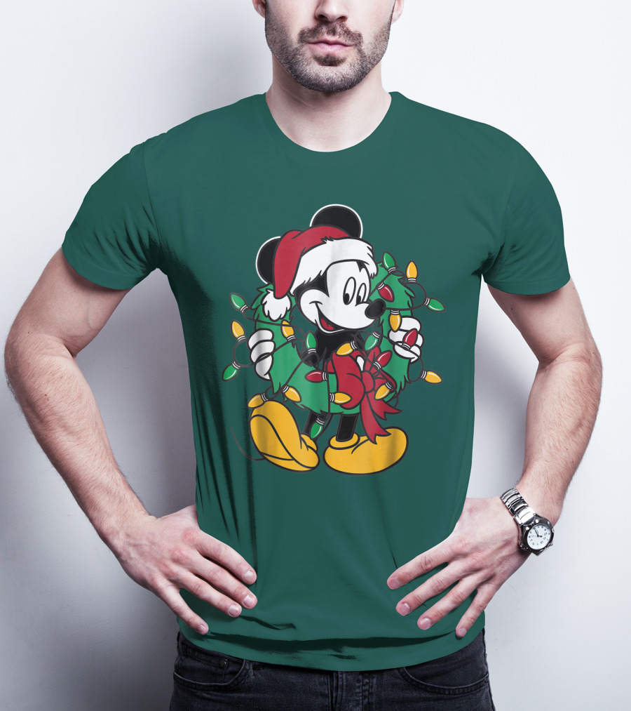 Disney Mickey Mouse Santa Hat Christmas Lights Wreath T-Shirt