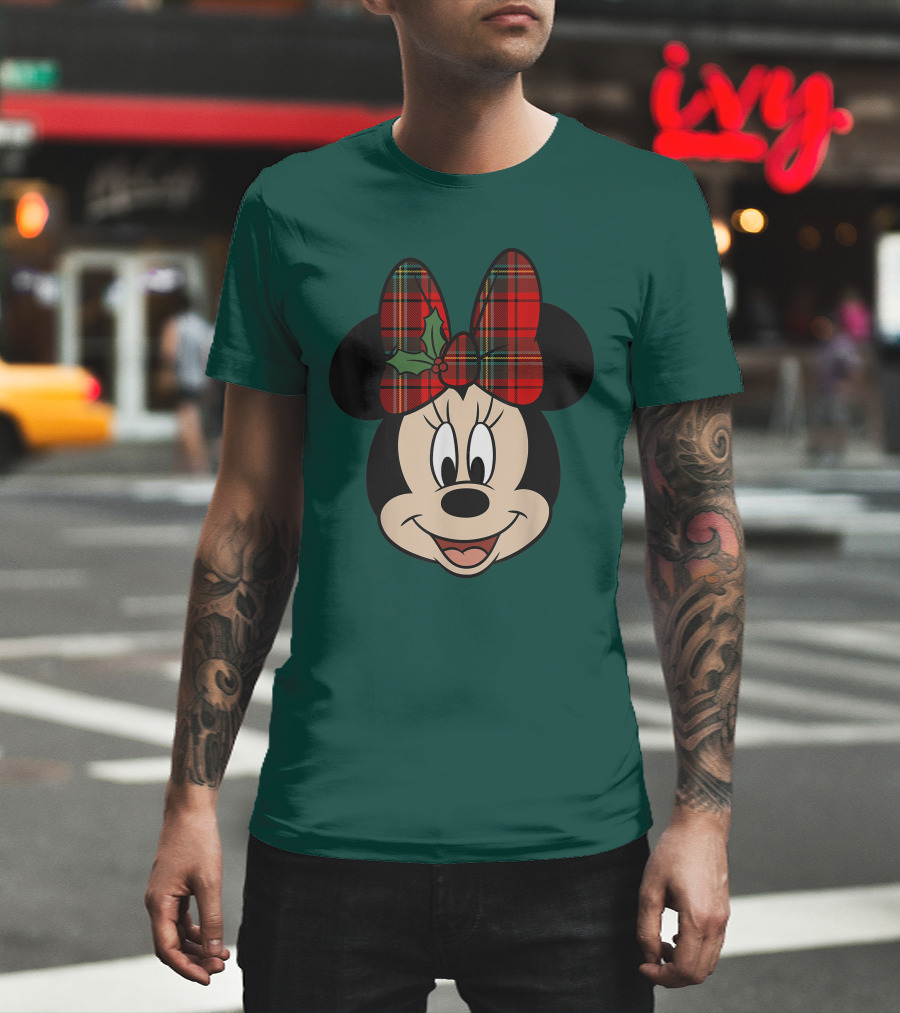 Disney Minnie Mouse Plaid Christmas Bow With Holly T-Shirt