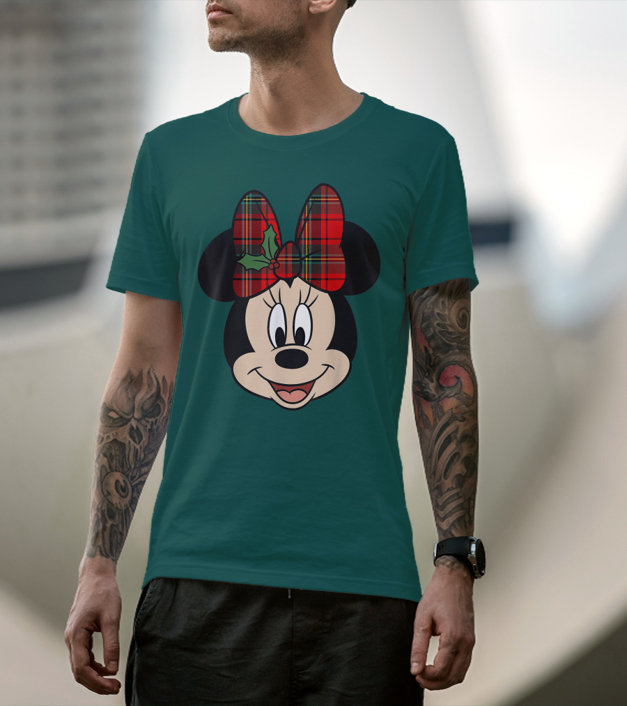 Disney Minnie Mouse Plaid Christmas Bow With Holly T-Shirt