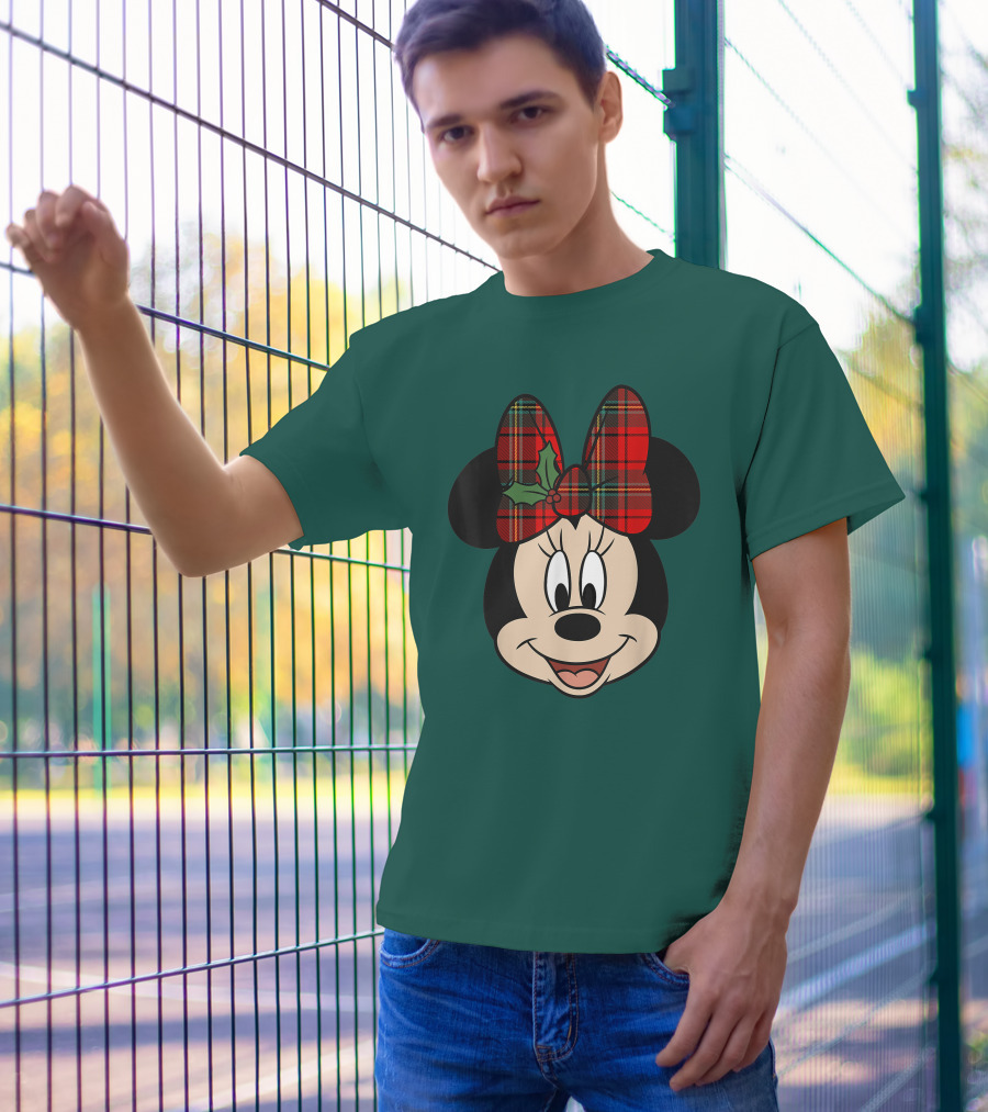 Disney Minnie Mouse Plaid Christmas Bow With Holly T-Shirt