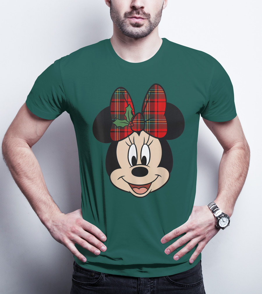 Disney Minnie Mouse Plaid Christmas Bow With Holly T-Shirt