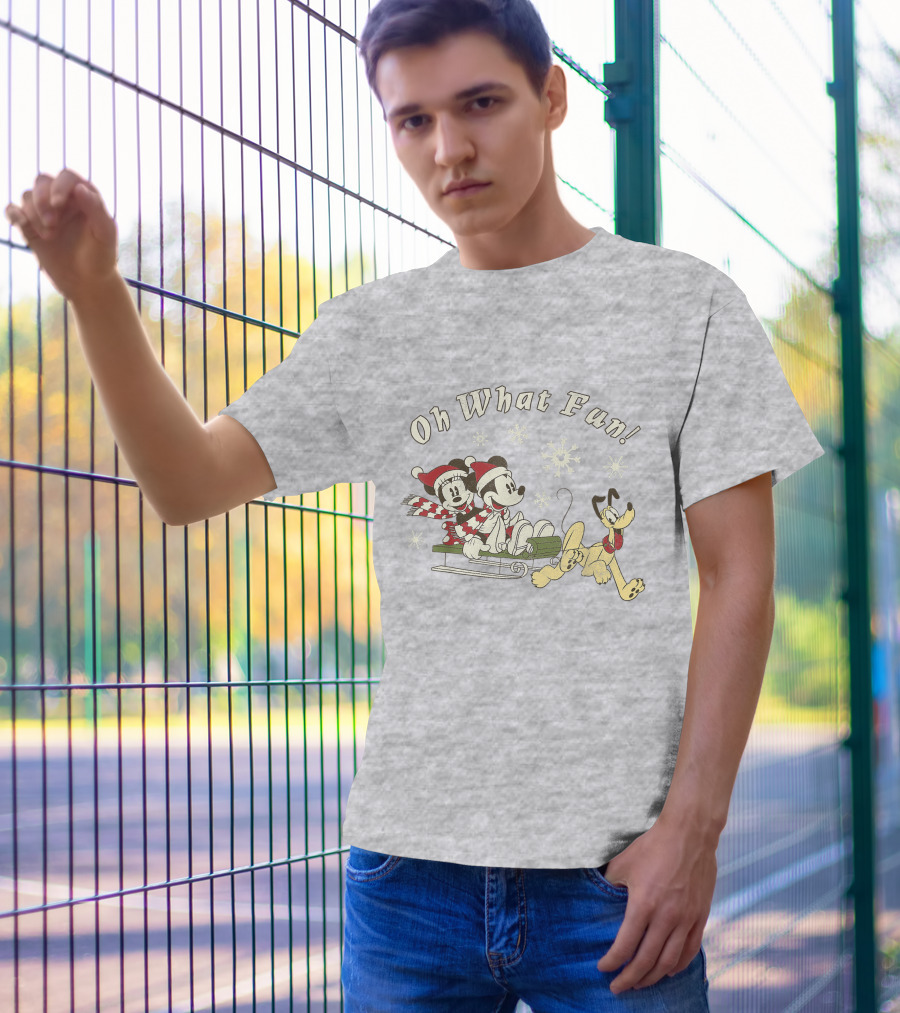 Oh What Fun Mickey Minnie Pluto Christmas Sled T-Shirt