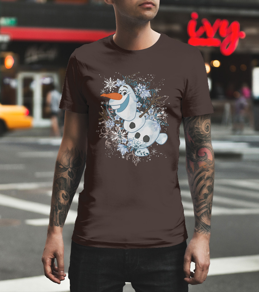 Olaf Dancing Surrounded By Snowflakes And Flowers From Disney Frozen T-Shirt