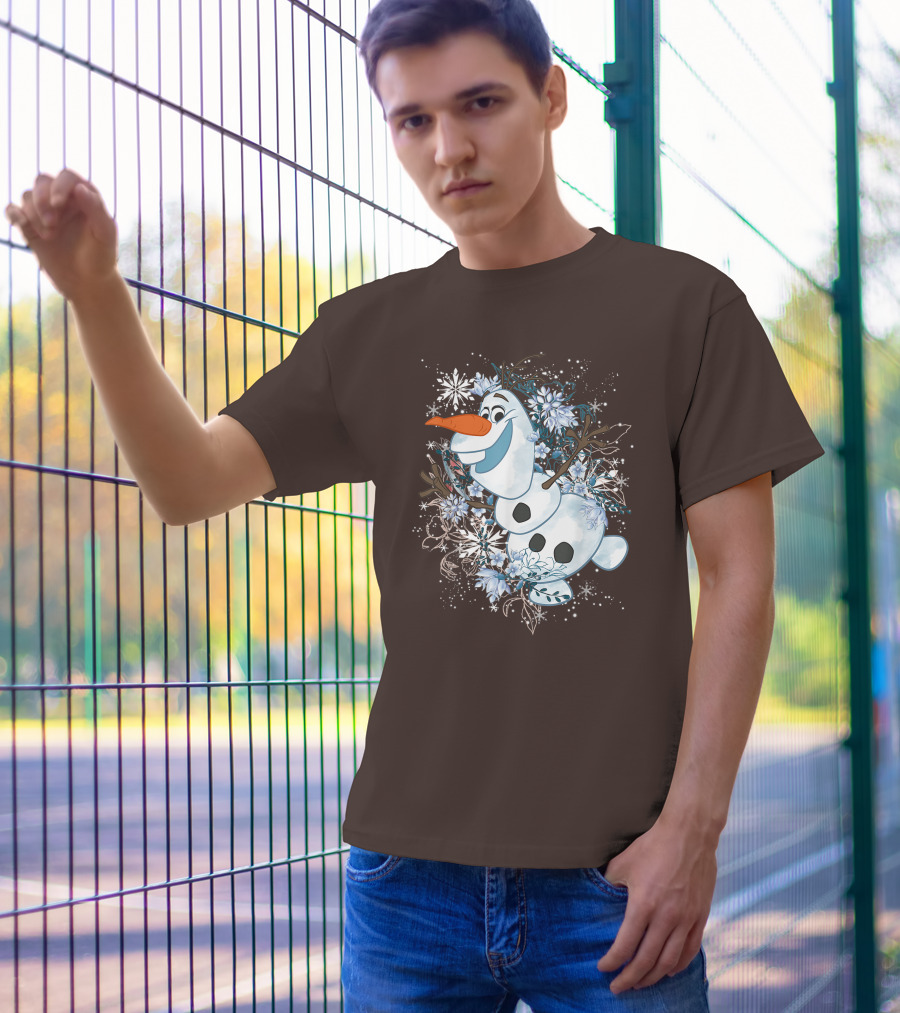Olaf Dancing Surrounded By Snowflakes And Flowers From Disney Frozen T-Shirt