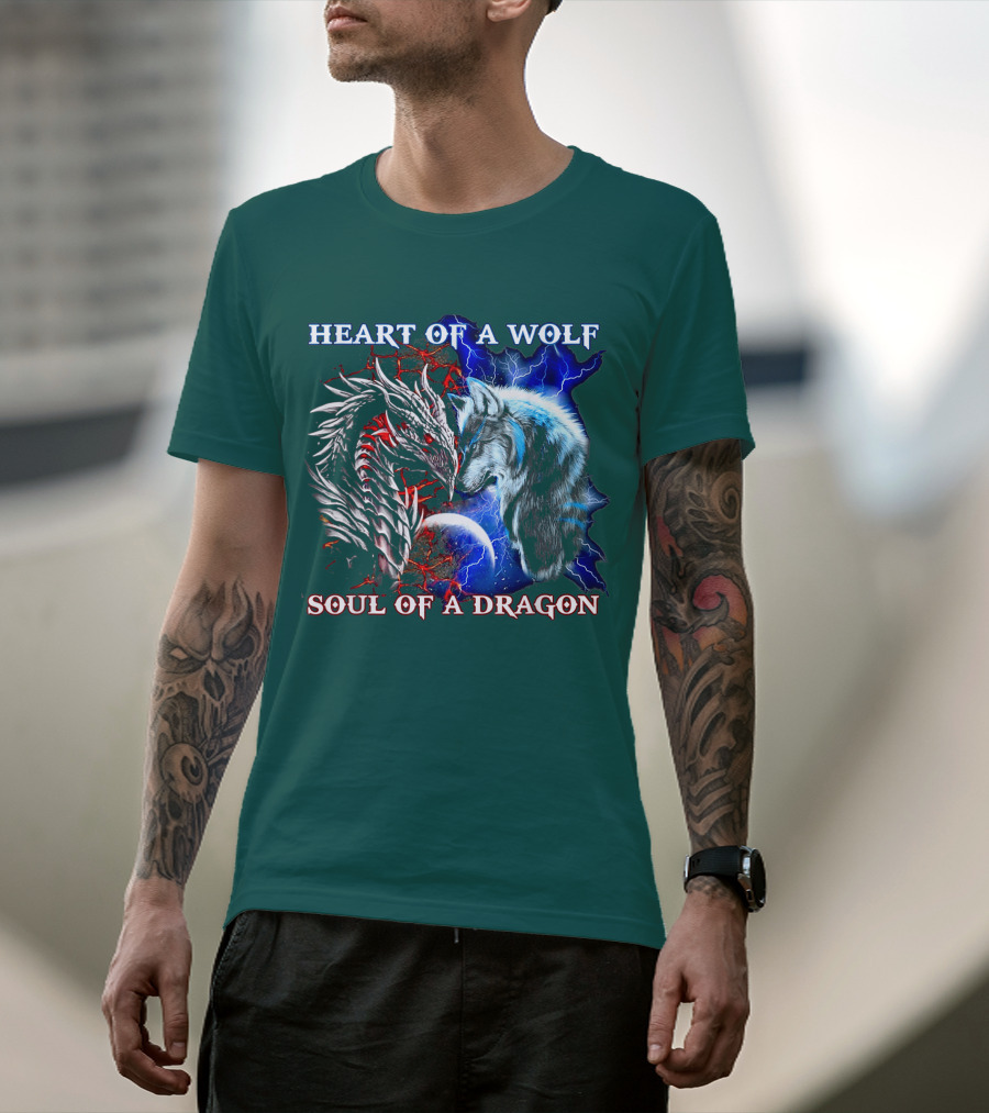 HEART OF A WOLF SOUL OF A DRAGON Wolf Dragon Lightning Planet Cracked Earth T-Shirt