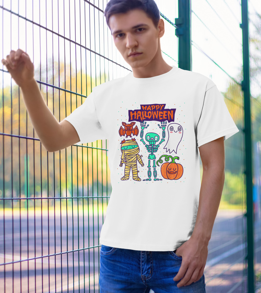 Happy Halloween Skeleton Ghost Pumpkin Mummy Bat T-Shirt