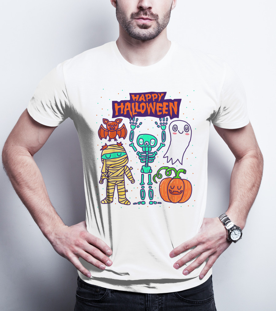 Happy Halloween Skeleton Ghost Pumpkin Mummy Bat T-Shirt