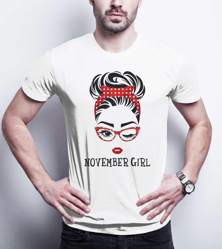 November Girl Wink Eye Woman Face Wink Eyes Lady Birthday Red Polka Dot Glasses T-Shirt