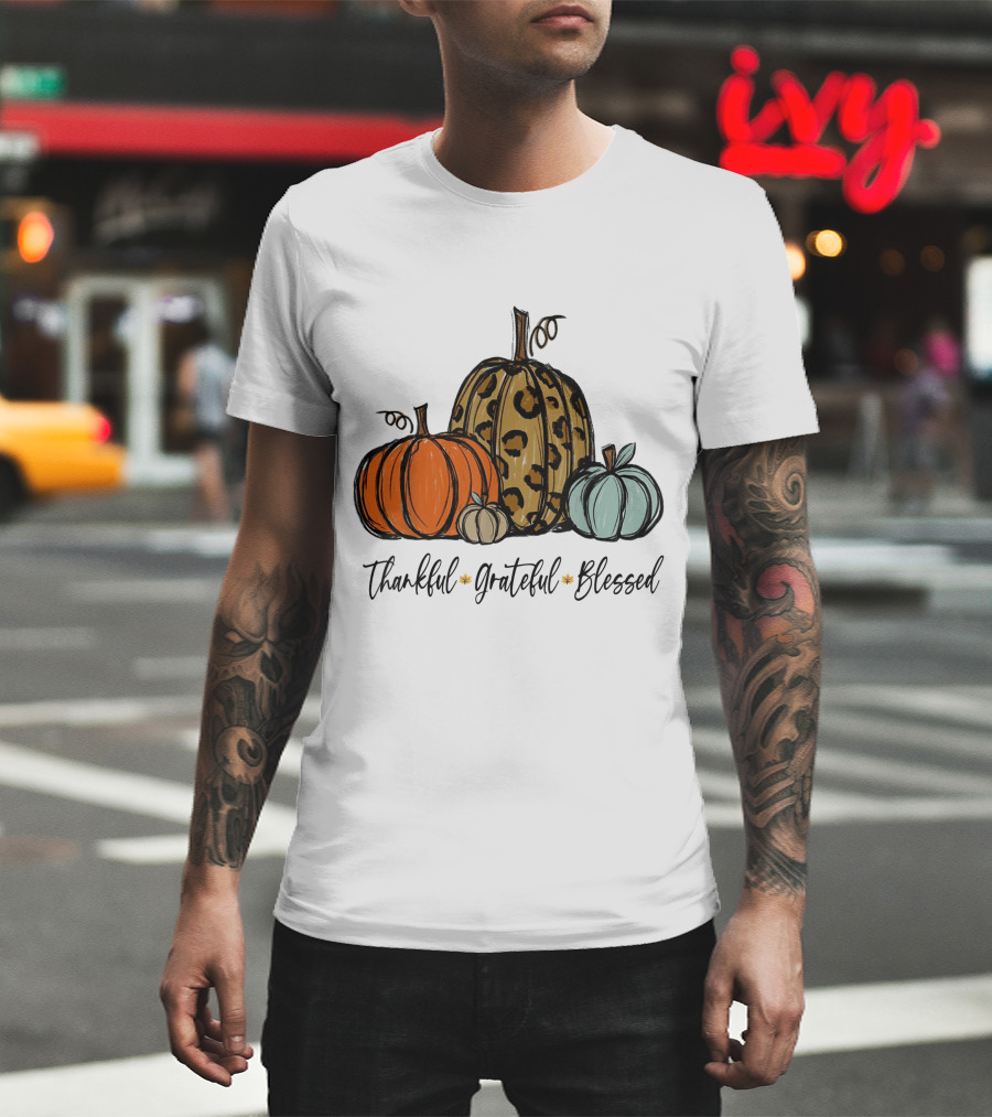 Thankful Grateful Blessed Leopard Print Pumpkin Thanksgiving Day T-Shirt